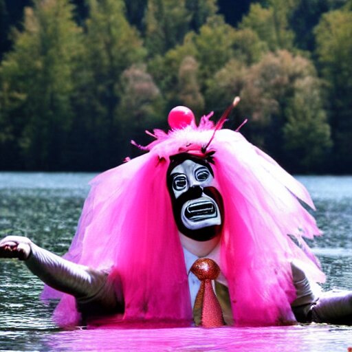 Lexica - ( putin as old gregg ) wearing a pink tutu, on a boat on a lake