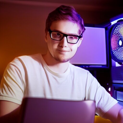 Lexica - Nerdy!! gamer with glasses next to glowing gaming computer