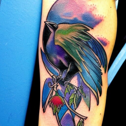 raven, jioness, forest, blue flame, moon, tattoo art by Bryan Al ...