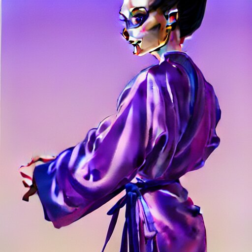 Lexica - Portrait of a woman wearing a light purple silk robe, blue sky ...