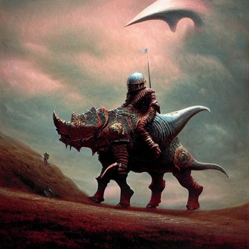 Lexica - Triceratops rider in norse armor concept, beksinski