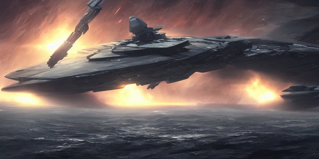 Lexica - Wide shot from the surface of the planet while a sci fi ship ...