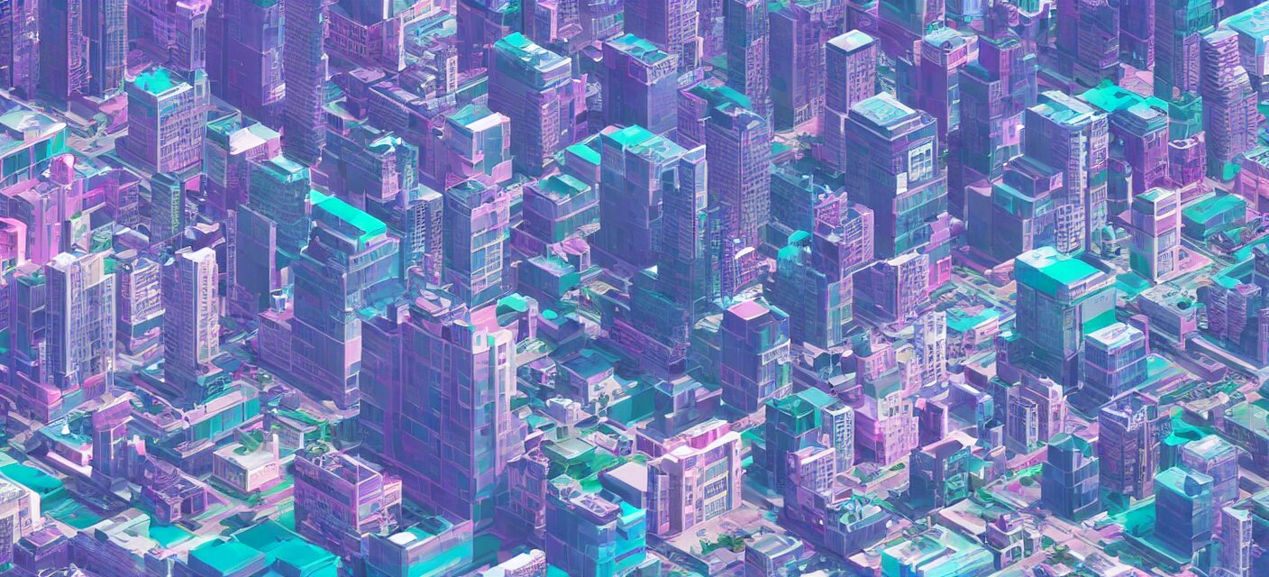 Lexica - Vaporwave videogame city wallpaper, deskmat. io, low poly, large,