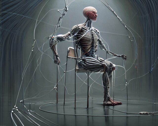Lexica - A hyperrealistic painting of a human cyborg sitting in a chair ...