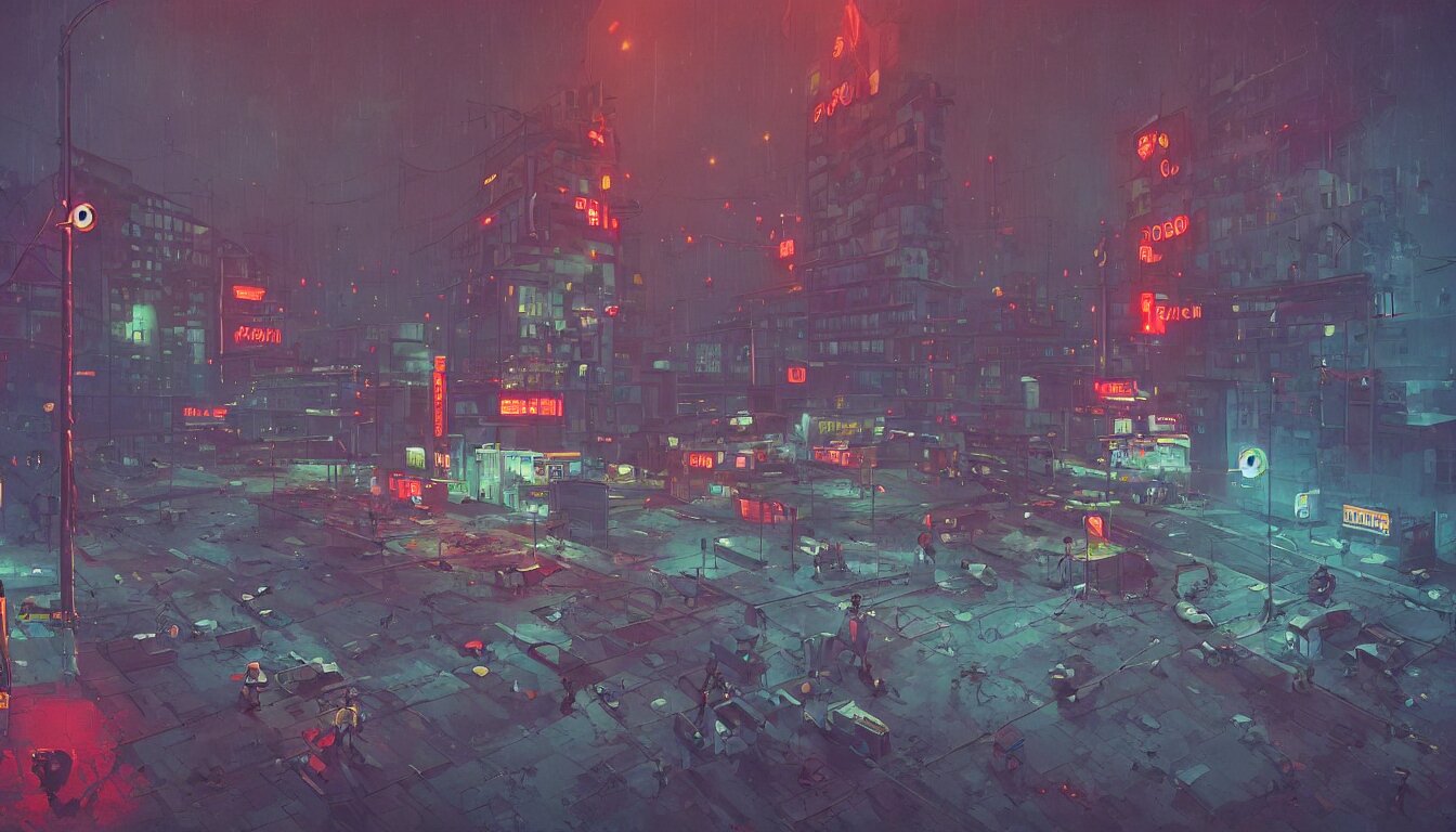 Lexica - Robots on the streets, bricked soviet buildings, neon lights ...
