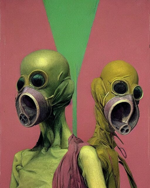 Lexica - Two skinny figures wearing gas masks, draped in silky gold ...