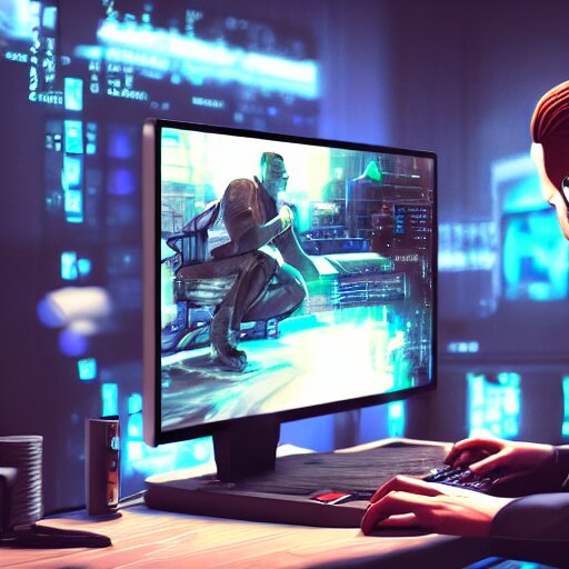 Lexica - Realistic man using laptop in gaming room, artstation trends, cyberpunk concept art ...
