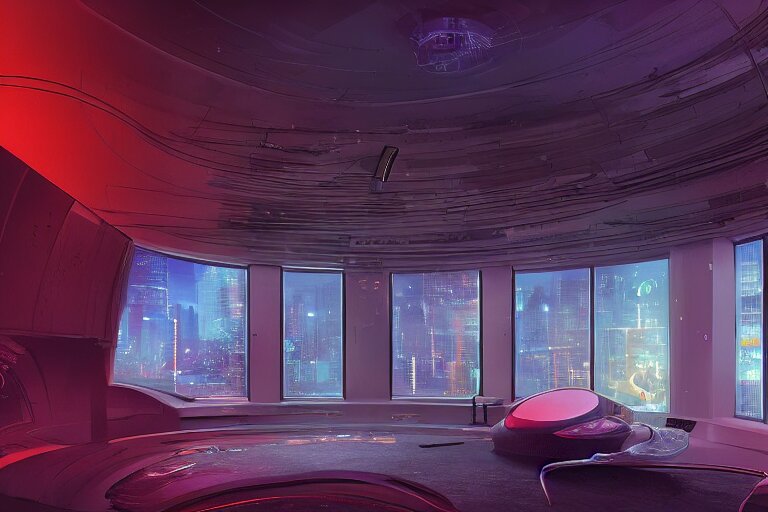 Lexica - A futuristic bedroom with large curved ceiling high windows ...