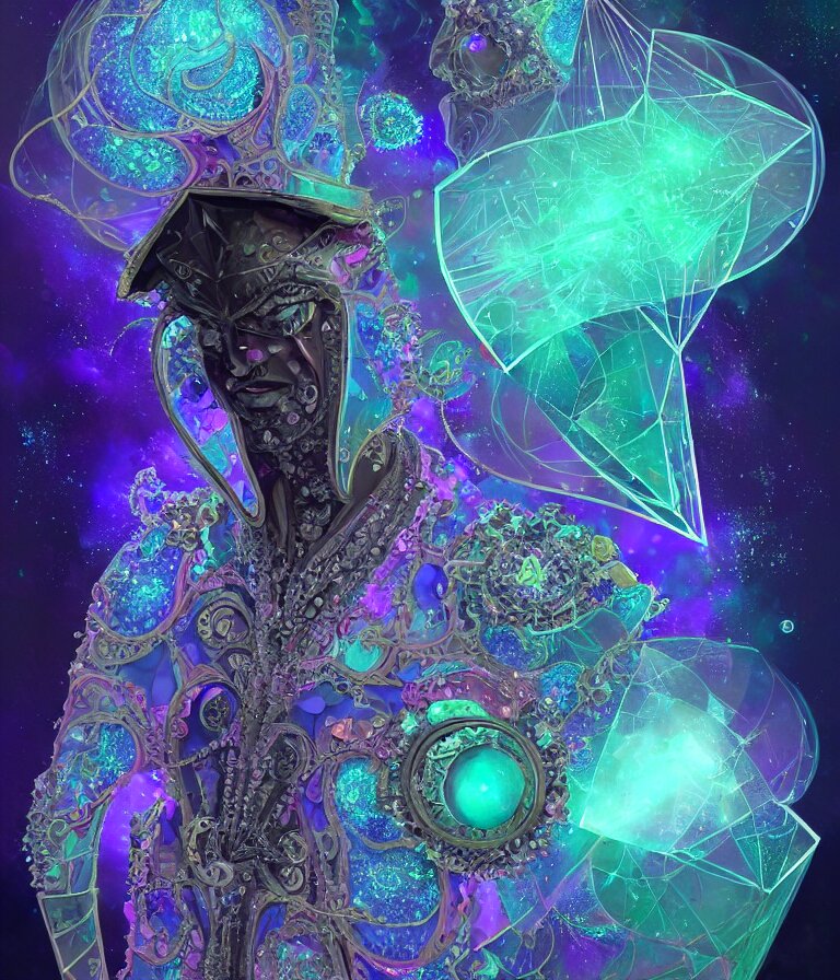 Lexica - Front!!! shot of a court jester!!! character, mesmerizing fractal hypercubes, dark ...