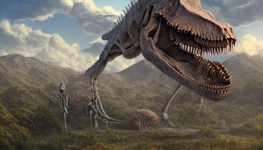 Lexica - A highly detailed matte painting of the huge dinosaur skeleton ...