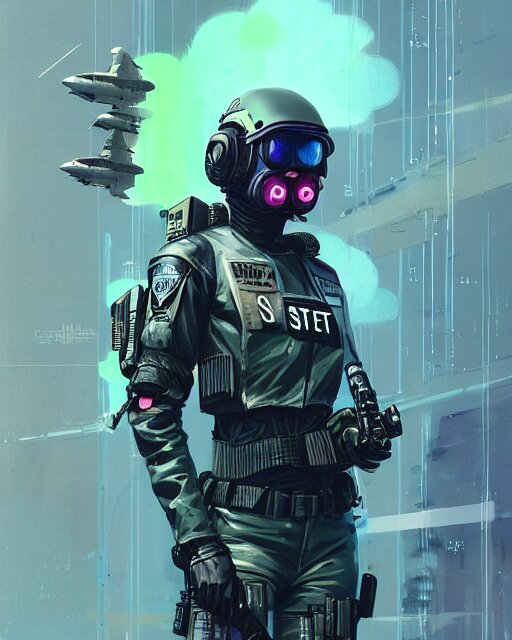 detailed neon female swat officer flying a jet, cyberpunk futuri ...