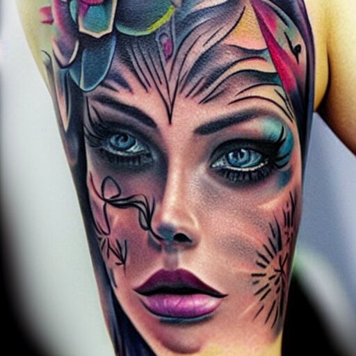 tattoo on female face, epic, colorful, beautiful, intricate deta ...