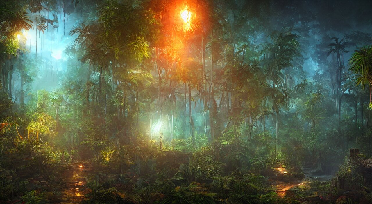 Lexica - lot torch by night in the tropical jungle the wall wood ...