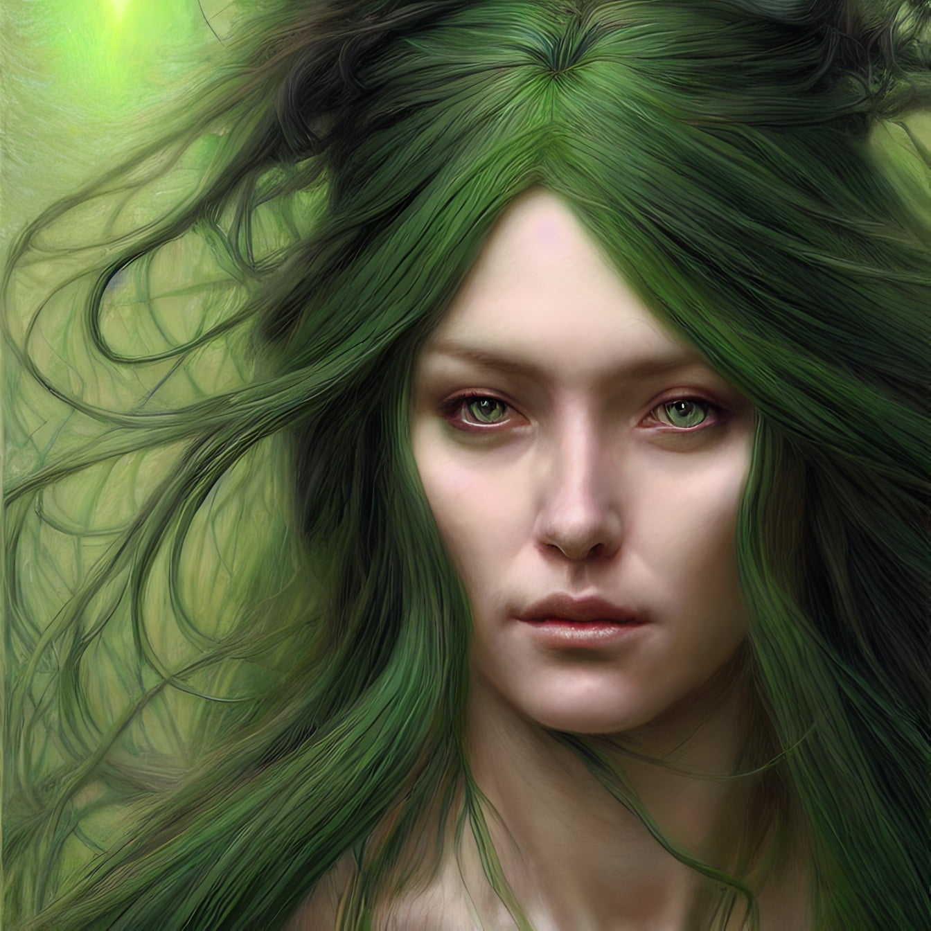 Lexica - A nature goddess long green hair - text, art by donato ...
