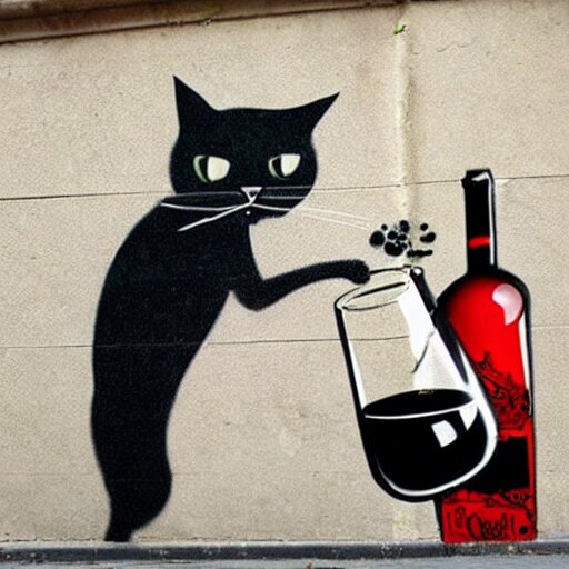 Lexica - Street art of an alcoholic cat who drink wine, by banksy