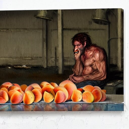 Lexica - Feral man eating peaches in a factory, hunched over, mild mild ...