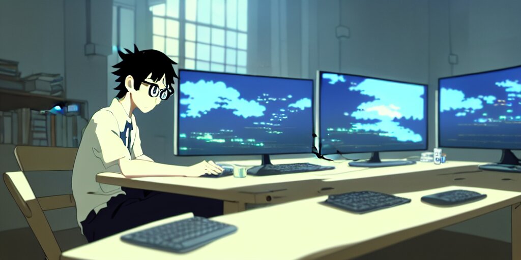 Lexica - A nerdy boy is programming at a computer in a room full of ...