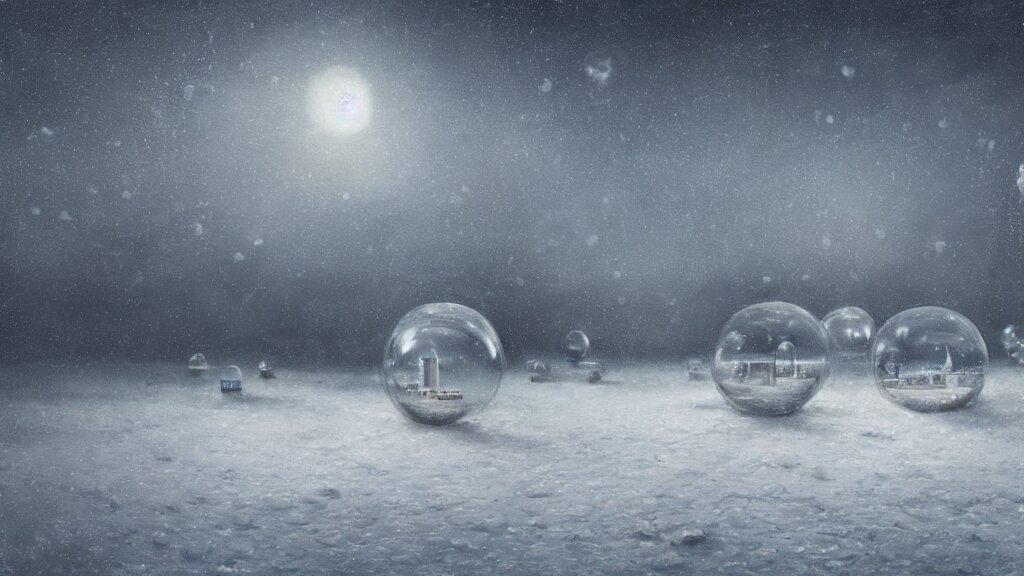 a surreal dreamlike scene of transparent spheres containing mini ...