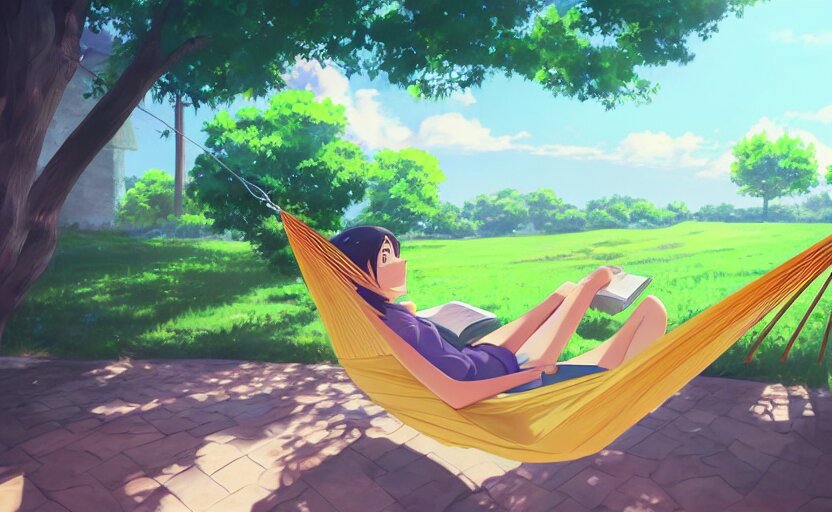 Lexica - A woman reading a book on a hammock on a warm summer day ...