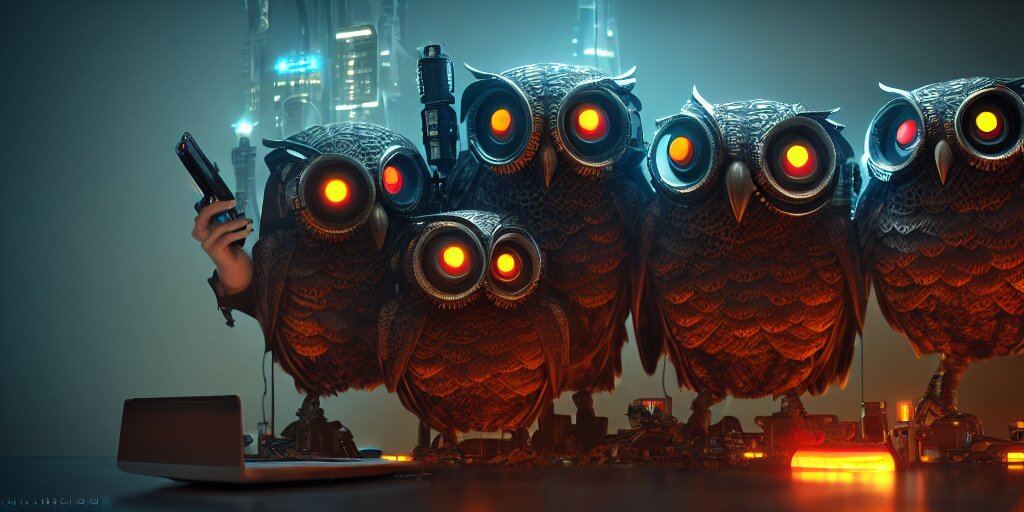 Lexica - Giant evil, malevolent, cyborg owls snuggling, surrounded by computer screens ...