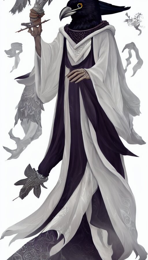 Lexica - Raven headed warlock, wind magic, white cloudy robes ...