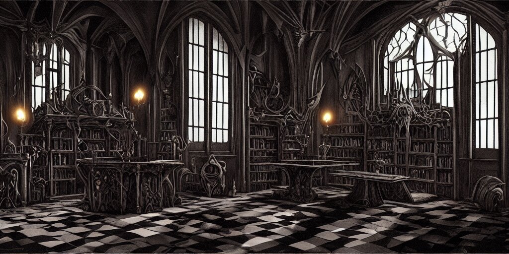 Lexica - Dark sinister vampire lair interior by Michael Parkes, library ...