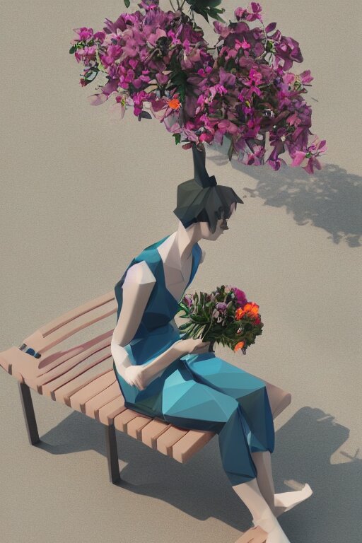 Lexica - A person sitting on a bench with a bouquet of flowers, a low ...