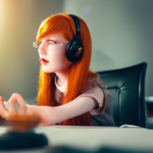 Lexica - Cute young redhead girl sitting at her desk in bedroom, gaming ...