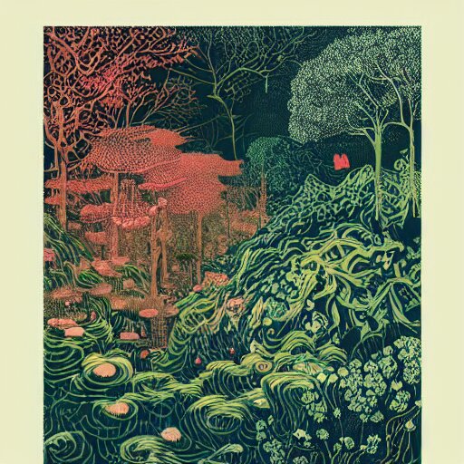 Lexica - Linocut print of lush fantasy forest, amazing art, highly ...