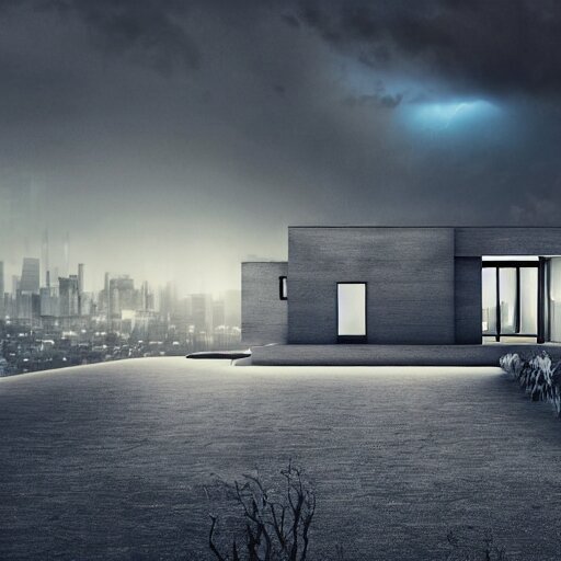 exterior view of modern futuristic haunted house architecture, o ...