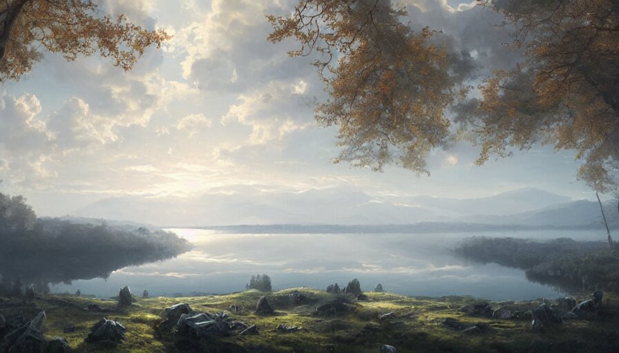 Lexica - Portrait of a vast lake with a village surrounded by woodland ...