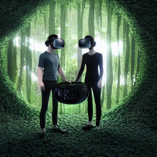 Lexica - Duo playing music using futuristic VR headset instruments in a forest, in the style of ...