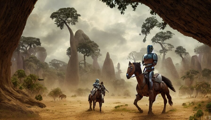 Lexica - Mandalorian riding a horse alone, madagascar with baobabs ...