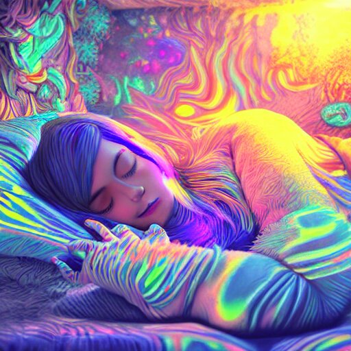 photorealistic sleeping in a trippy psychedelic world. hyperdeta ...