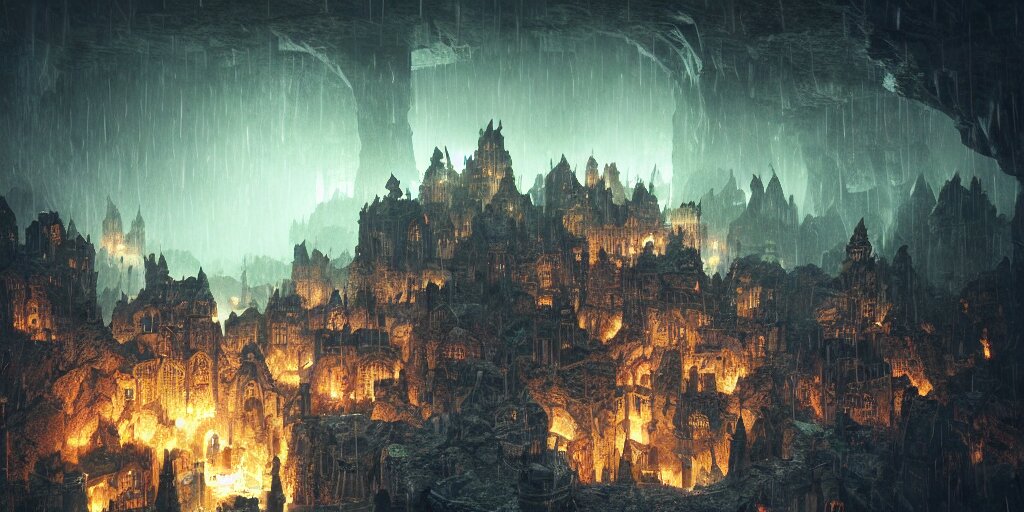 Lexica - A shining dwarven city in a dark cavern, rainy, dark and ...