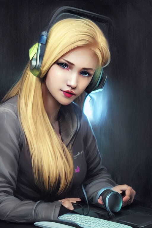 Lexica - Gorgeous gamer girl with blonde hair and dark eyes playing on ...