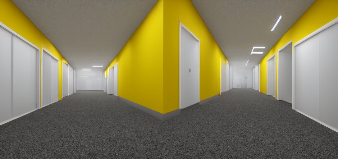 Lexica - Backrooms office place yellow walls carpet floor led lights with nobody, bright, 8 k ...