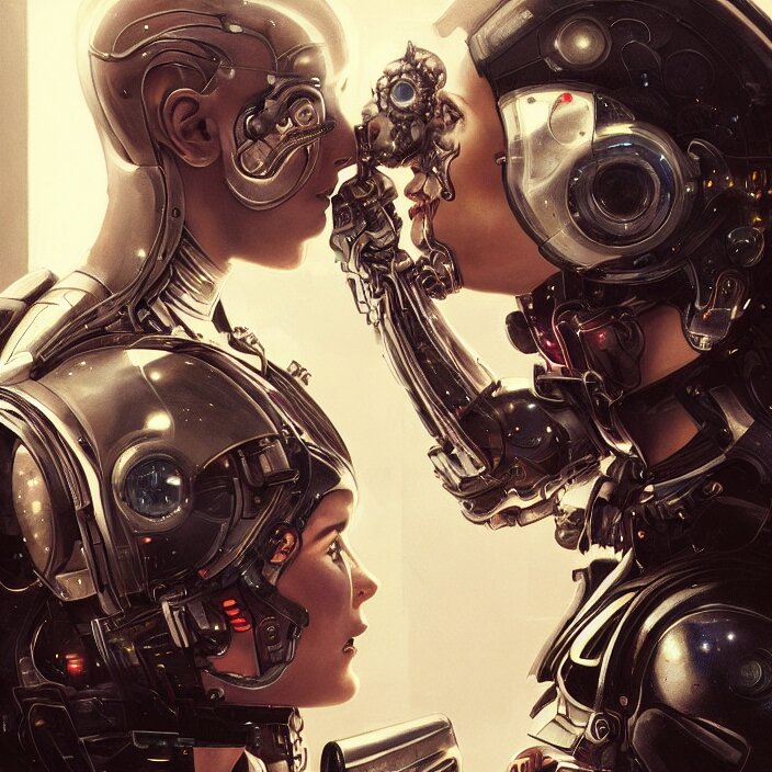 Lexica - Ultra realistic medium shot of a couple of cyborgs kissing ...