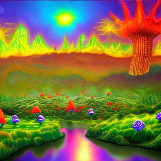 psychedelic mushroom kingdom, dmt, landscape, river, trending on ...