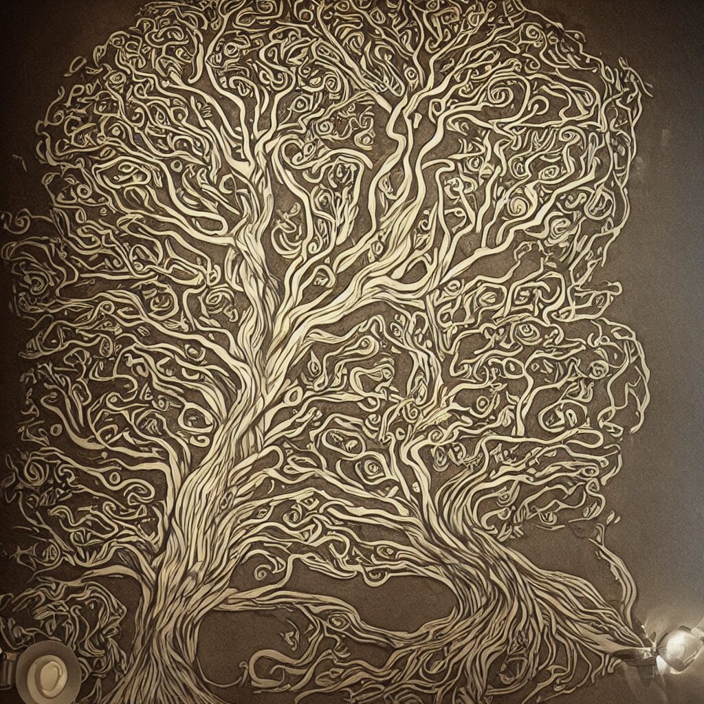 Lexica - Tree of life, yggdrasil, latte art, moody lighting, by moebius ...