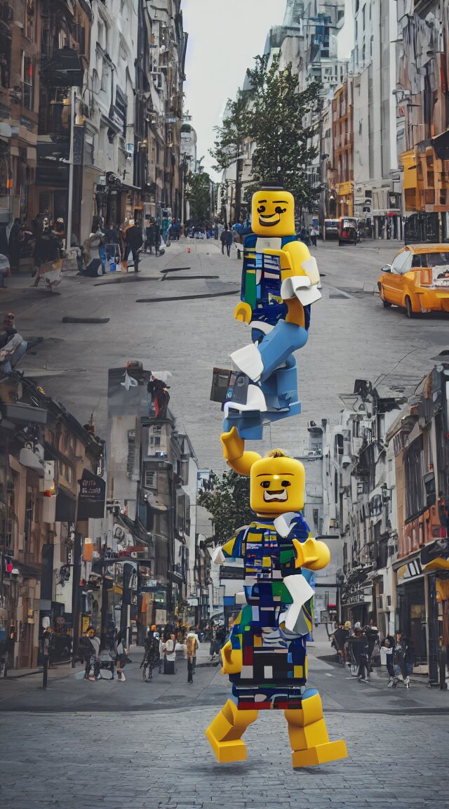 hyperrealistic giant lego man walking through street, street vie ...