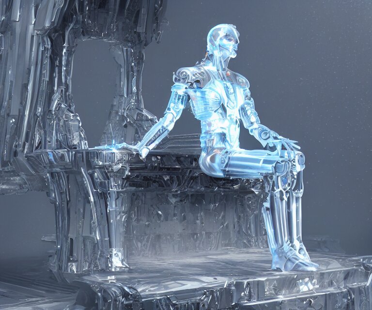 Lexica - Translucent cyborg sitting on an aluminum throne, futuristic ...