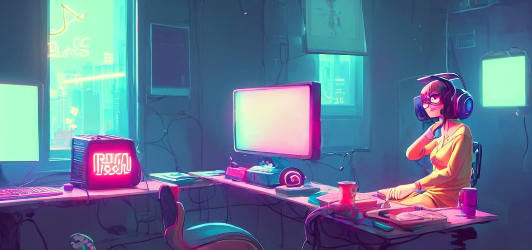 Lexica - A woman sitting in front of screens, gamer, computer nerd ...