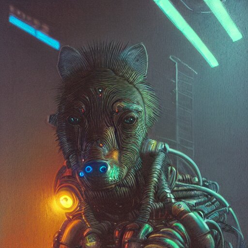 cyberpunk dystopian cyborg hyena, wires and glowing lights, beks ...