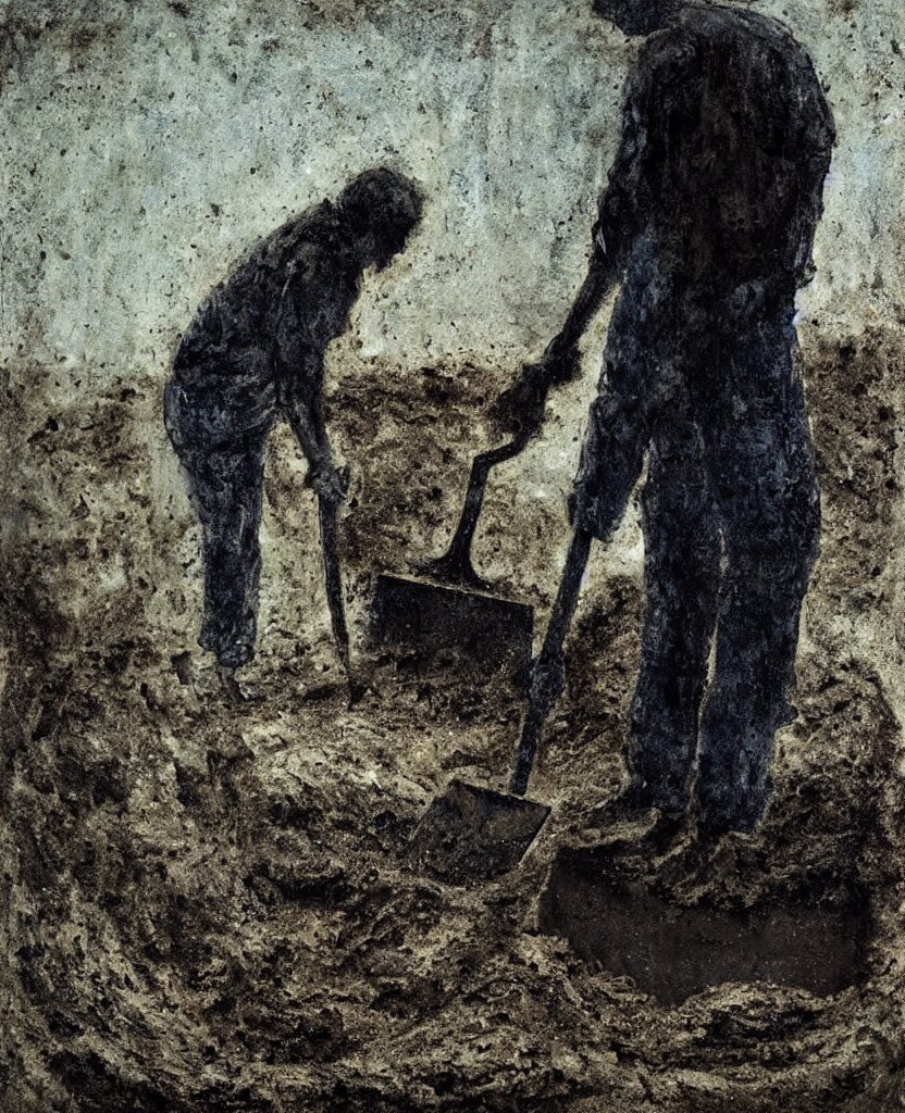 Lexica - A man with a shovel standing digging up a grave with a ...