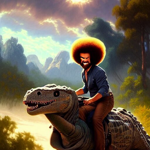 Lexica - Bob ross!!! riding! a dinosaur, giant afro, model pose, ultra ...