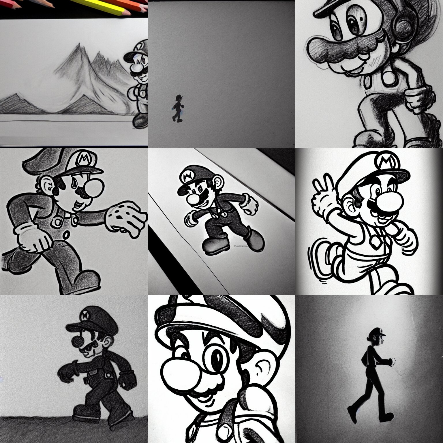 epic shaded pencil sketch of super mario walking across the hori ...