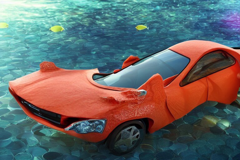 car made of fish, half car half fish, car with fins and gills, u ...