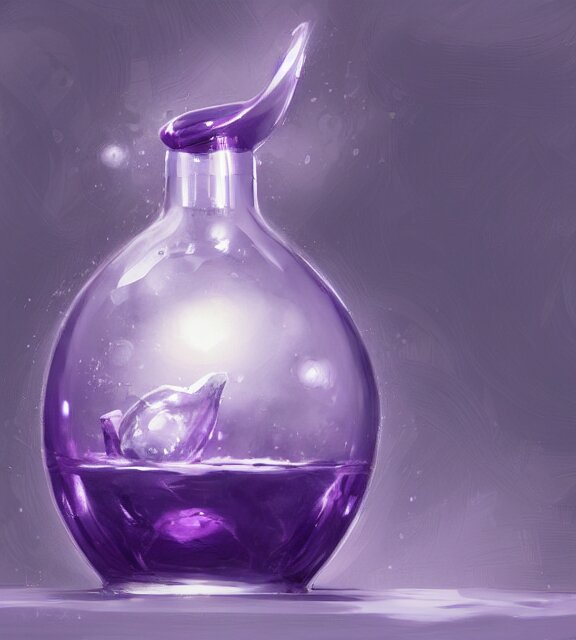 a closeup of a purple potion in a round bottle on a messy desk. ... - Arthub.ai