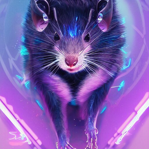 a beautiful full body portrait of a cute cyberpunk rat with biol ...